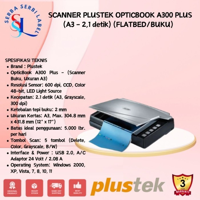 Jual SCANNER PLUSTEK OPTICBOOK A300 PLUS (A3 - 2,1 detik) (FLATBED/BUKU ...