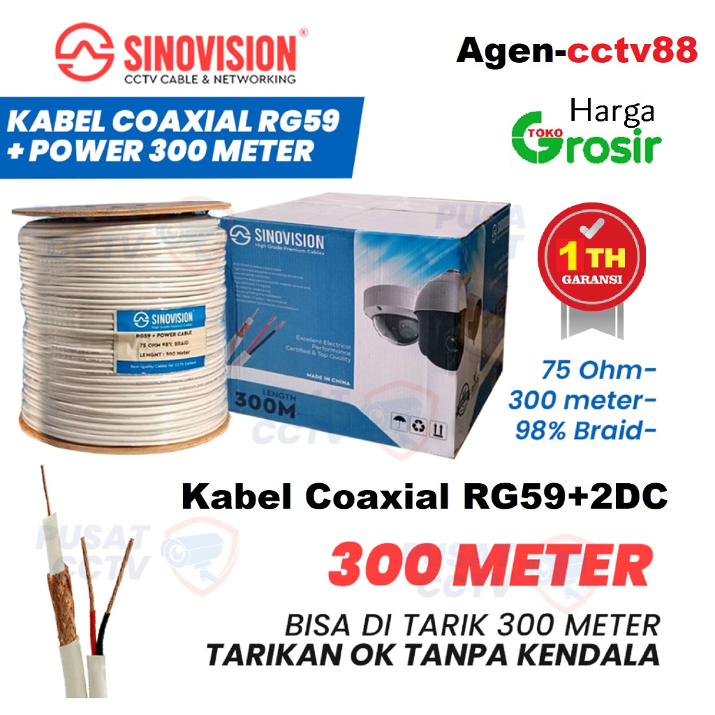 Jual Kabel Coaxial CCTV Sinovision RG59 +POWER DC12V 300M 300 Meter Harga Reseller Installer ...