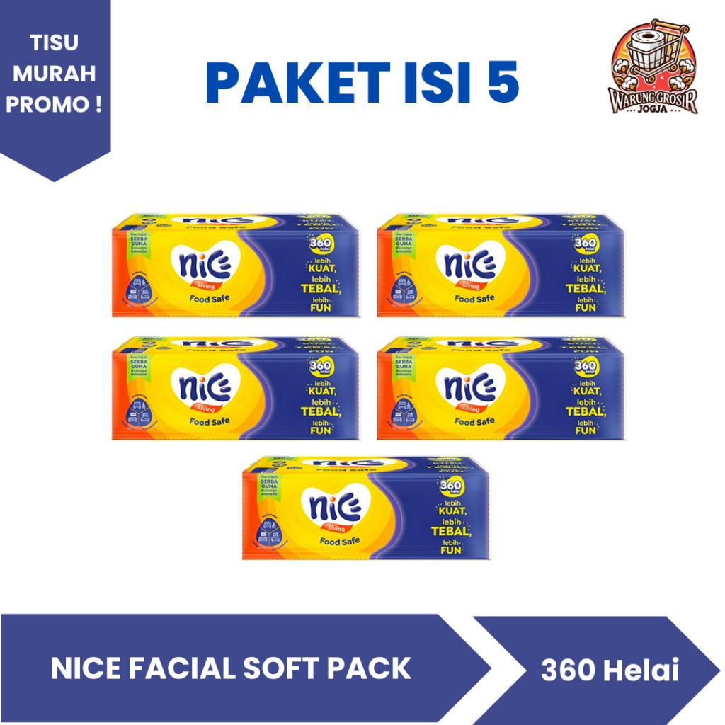 Jual ( Paket 5 PCS ) Tisu NICE Tissue 180 sheet 2 ply Nice 360 helai ...