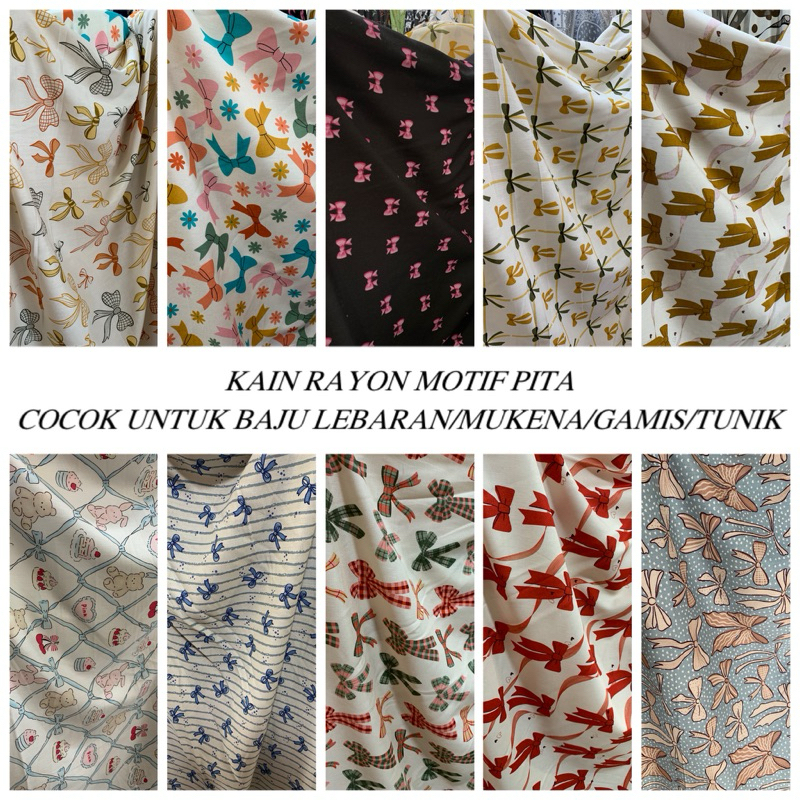 Jual bahan kain katun rayon motif pita best seller terbaru/motif pita ...