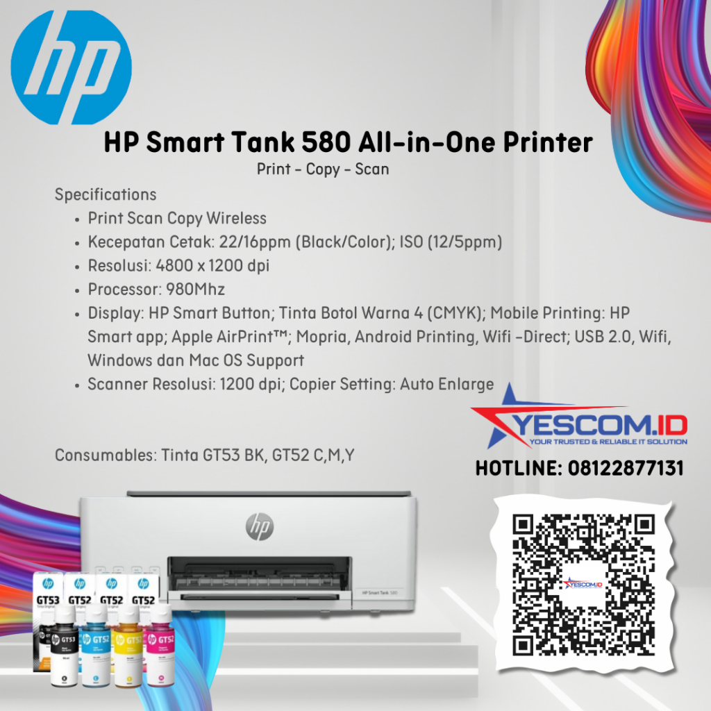 Jual Printer HP Smart Tank 580 All-in-One (Print, Scan, Copy) | Shopee ...