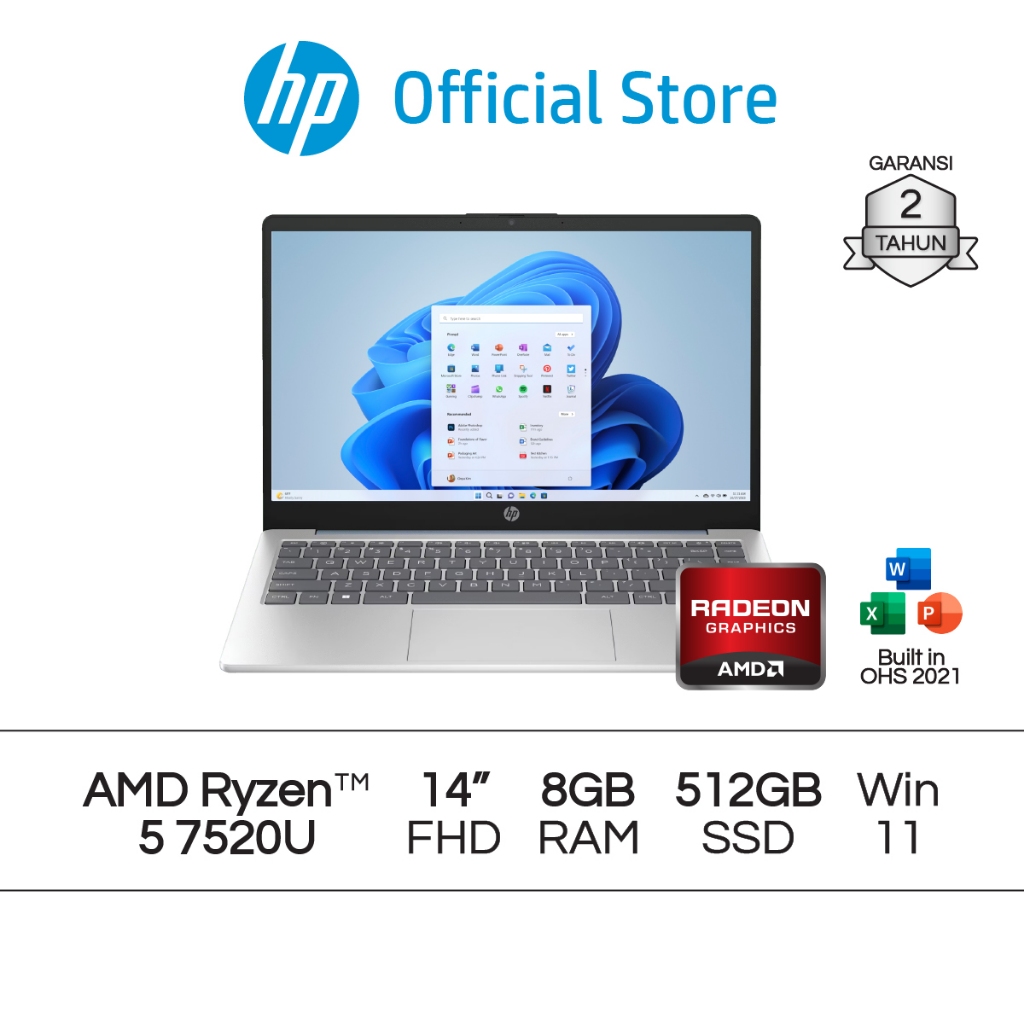 Jual Laptop HP 14-em0016AU Ryzen 5 7500U Radeon 8GB RAM 512GB SSD W11 ...
