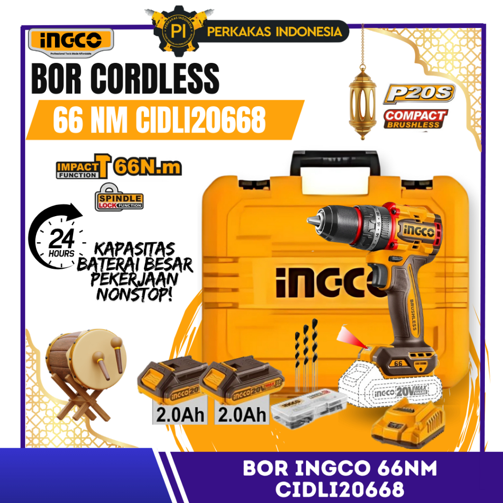 Jual Mesin Bor Cordless INGCO 66Nm CIDLI20668 SET 20V BRUSHLESS Mesin ...