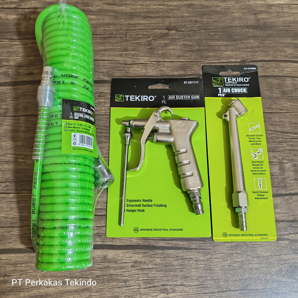 Jual Tekiro Selang Angin Spiral hijau 6 Meter ( 5x8 Mm )+Air Duster Gun+Air Chuck Alat isi angin ...