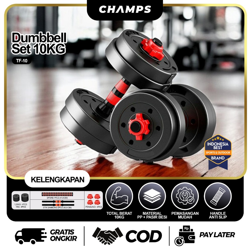 Jual CHAMPS Dumbbell Set Peralatan Fitness Barbel 10 KG Adjustable Bisa Rubah Beban 10KG Angkat ...
