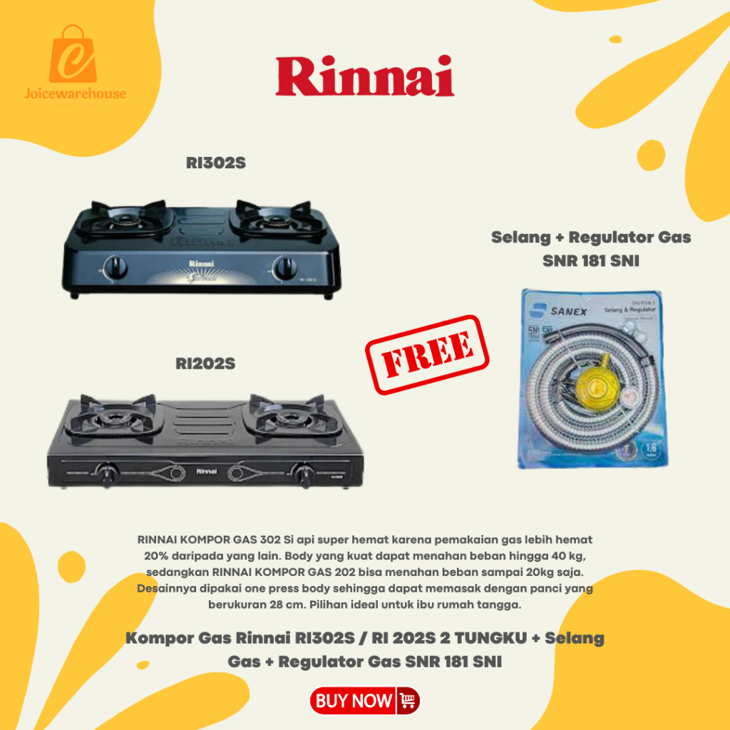 Jual Kompor Gas Rinnai RI302S / RI 202S 2 TUNGKU + Selang Gas ...