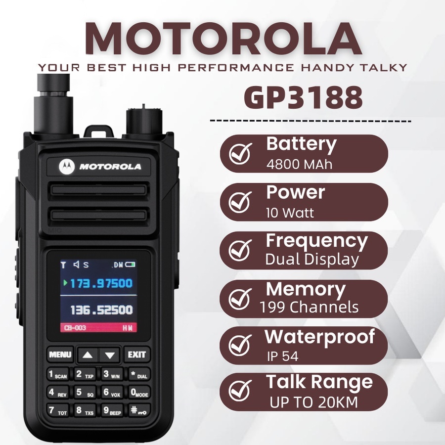 Jual HT Motorola GP3188 Walkie Talkie Long Range 20KM 10Watt Handheld ...