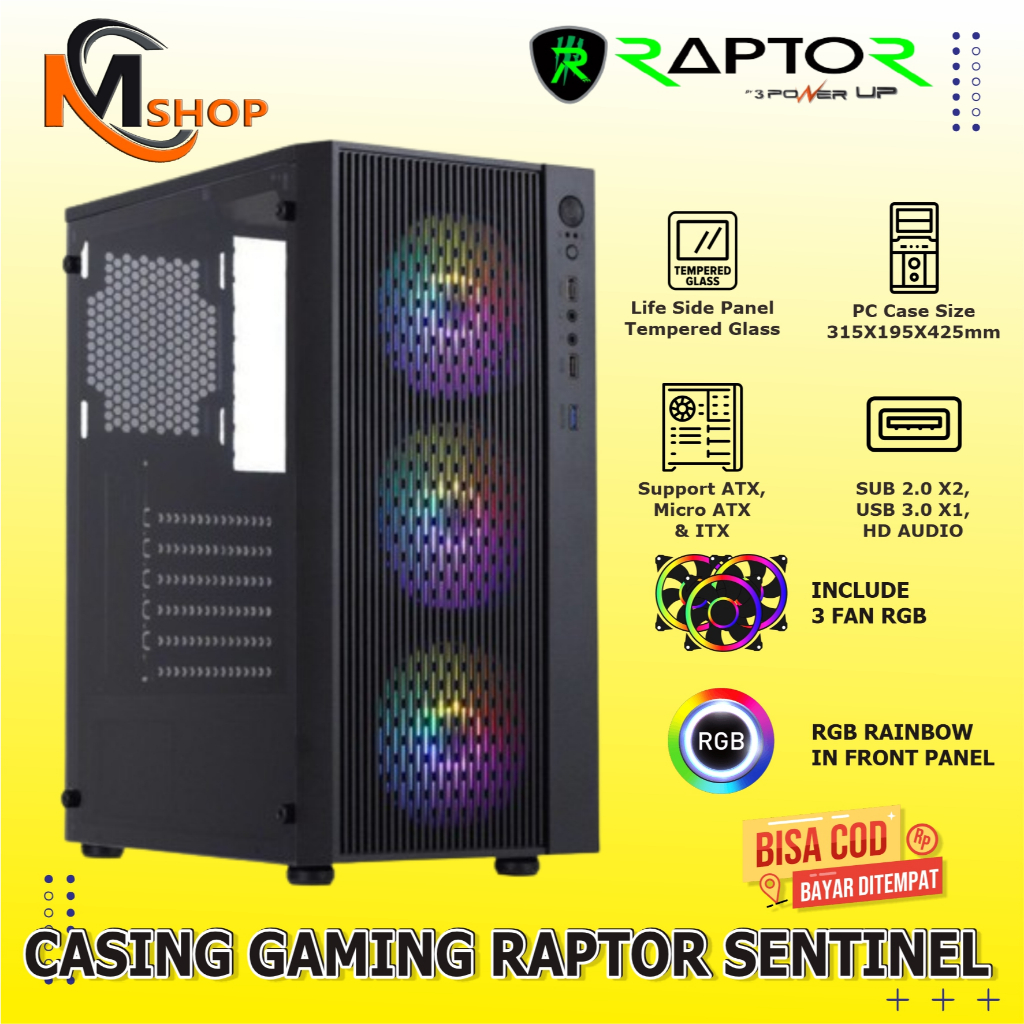Jual Casing PC Komputer Gaming Power Up Raptor Sentinel Mid Tower ATX ...