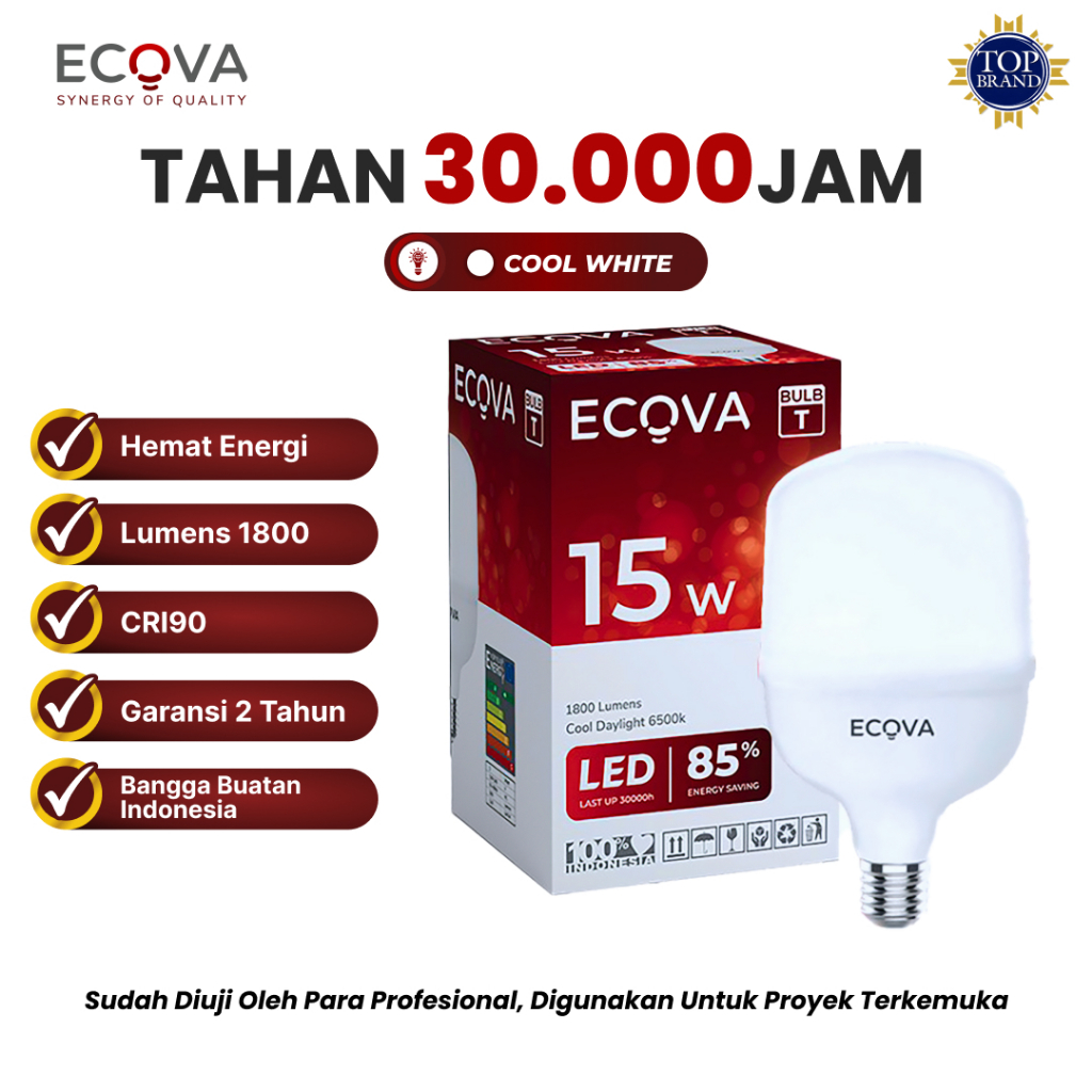 Jual Ecova - Lampu T Bulb LED | Lampu Bohlam Terang Hemat | 6500K Cool Daylight Putih | 15 Watt ...