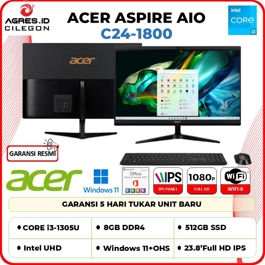 Jual PC Acer Aspire AIO C24-1800 Intel Core i3-1305U 8GB 512GB SSD 23.8 ...