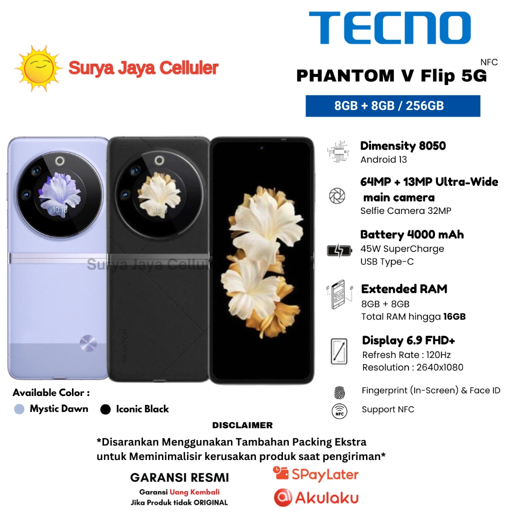 Jual HP TECNO PHANTOM V FLIP 5G NFC 8/256GB (GARANSI RESMI TECNO 1 ...