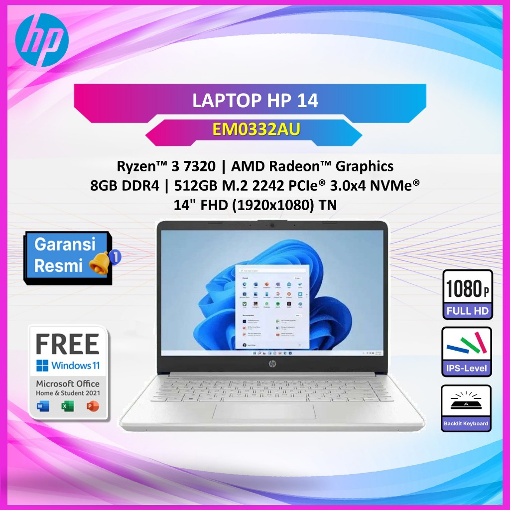 Jual HP 14 EM0332AU / EM0333AU RYZEN 3 7320 8GB 256GB / 512GB W11+OHS ...