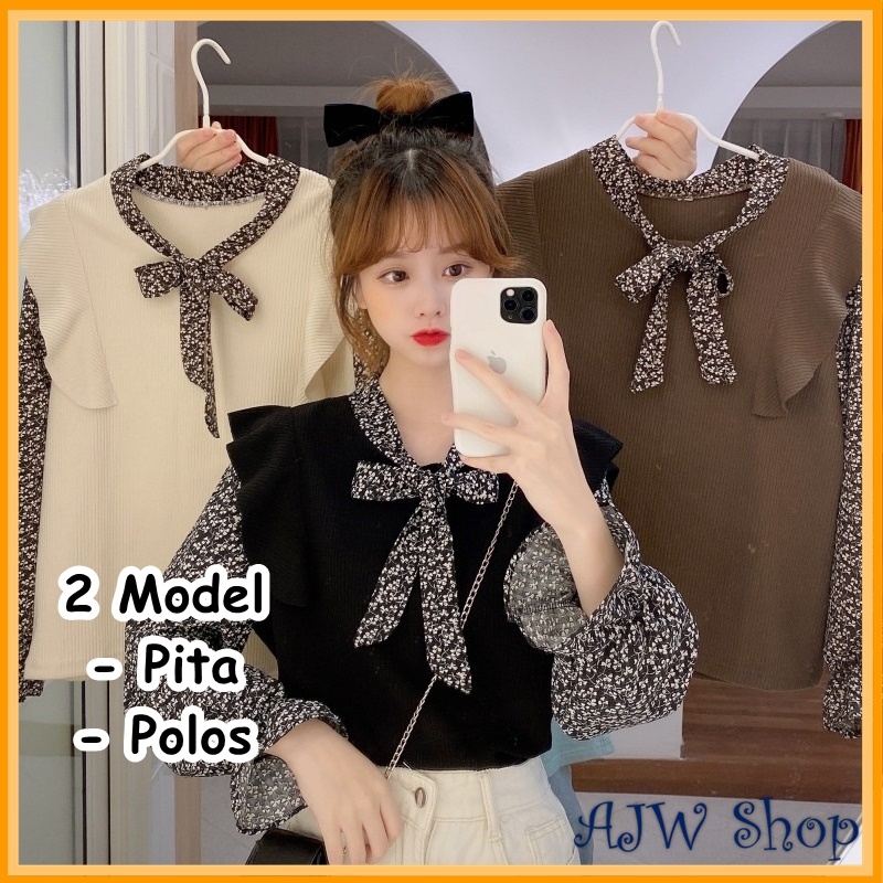 Jual AJW Atasan Blouse Wanita Lengan Panjang Dengan Kerah Tali Import Premium XBR XCC | Baju ...