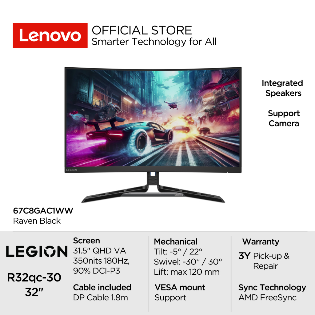 Jual Lenovo Gaming Monitor Legion R32qc-30 31.5" QHD VA AMD FreeSync 60Hz-180Hz 99% sRGB ...