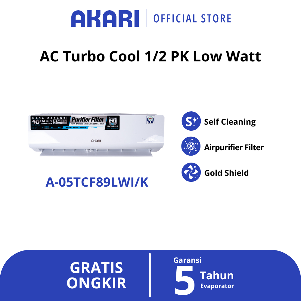 Jual AKARI AC 1/2PK Self Cleaning Turbo Cool A-05TCF89LWI/K | Shopee Indonesia