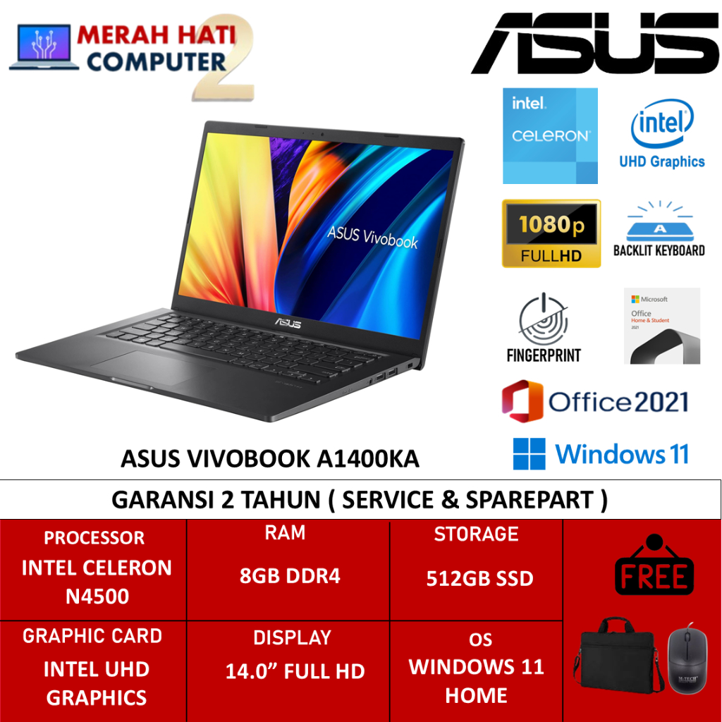 Jual Laptop Asus Vivobook 14 A1400KA Intel N4500 16GB 512GB 14 Inch FHD ...