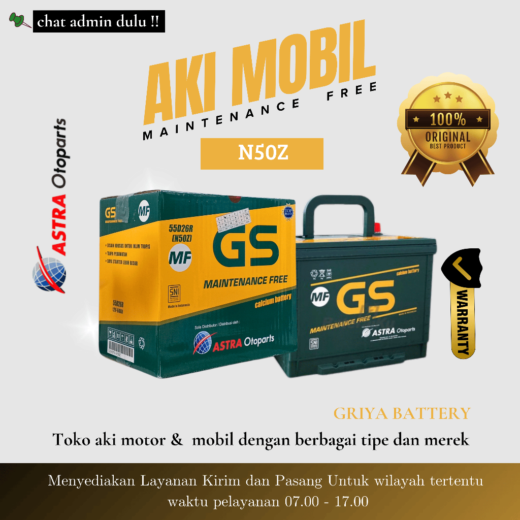 Jual Aki GS ASTRA MF N50Z untuk mobil,Kijang super Toyota New Dyna, Isuzu Elf 95, Mitsubishi ...