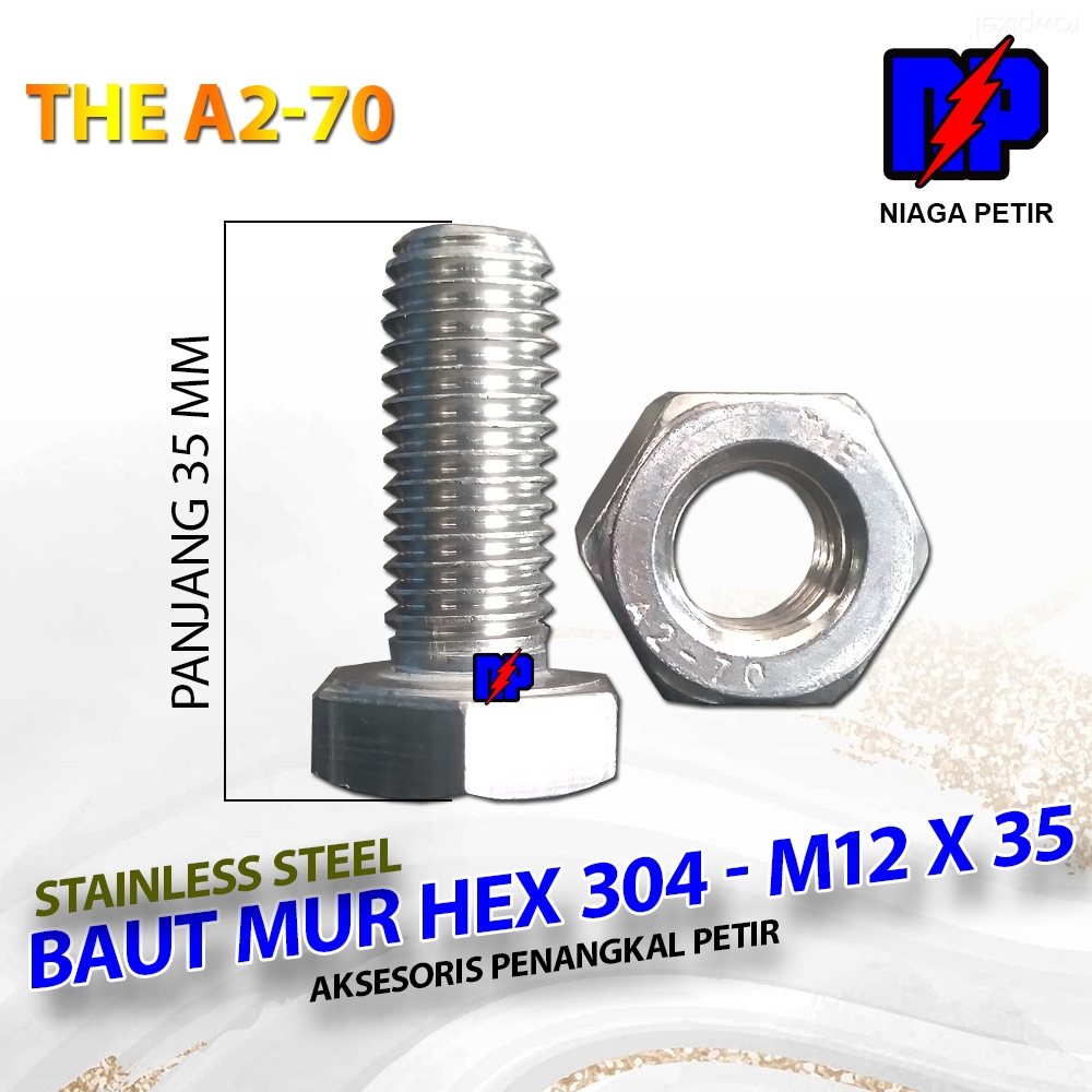 Jual BAUT MUR HEX STAINLESS STEEL 304 A2-70 THE - M12 X 35 MM | Shopee Indonesia