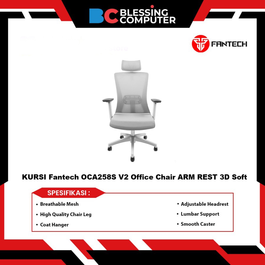 Jual KURSI Fantech OCA258S V2 Office Chair ARM REST 3D Soft - White ...