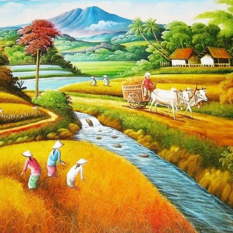 Jual poster cetak, pemandangan pesawahan, hiasan dinding, pemandangan ...