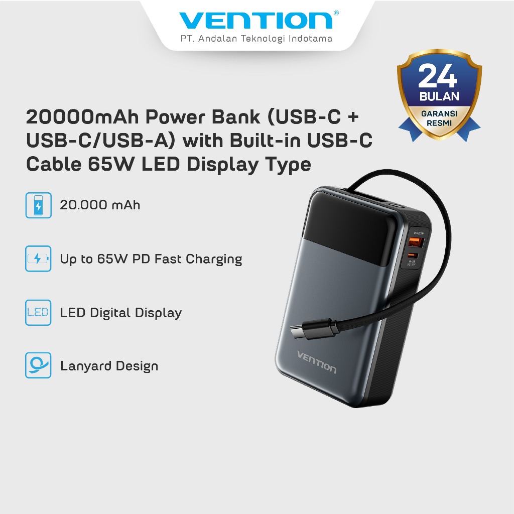 Jual Vention Power Bank 20000mAh 65W QC PD PPS LED Display For Laptop ...