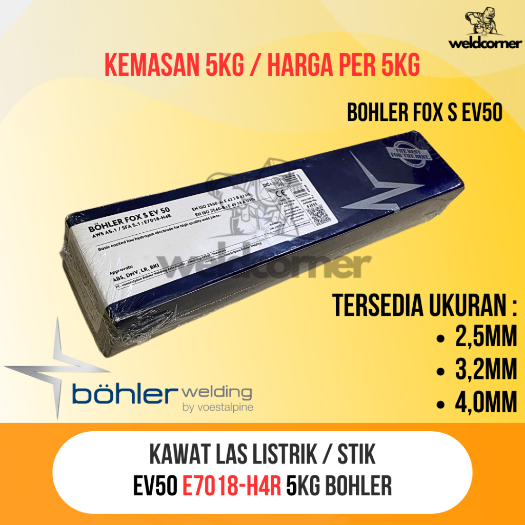 Jual KAWAT LAS BOHLER EV50 5KG (2.5MM 3.2MM 4MM) / KAWAT LAS BOHLER FOX EV 50 E7018 2,5 3,2 4,0 ...