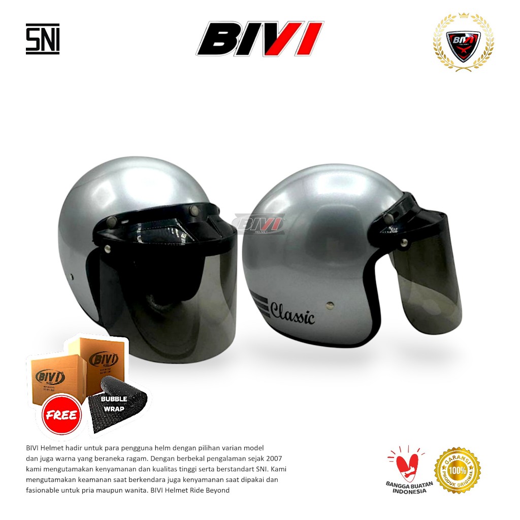 Jual HELM BIVI Bogo Classic Silver Glossy + Kaca SNI Retro Half Face ...
