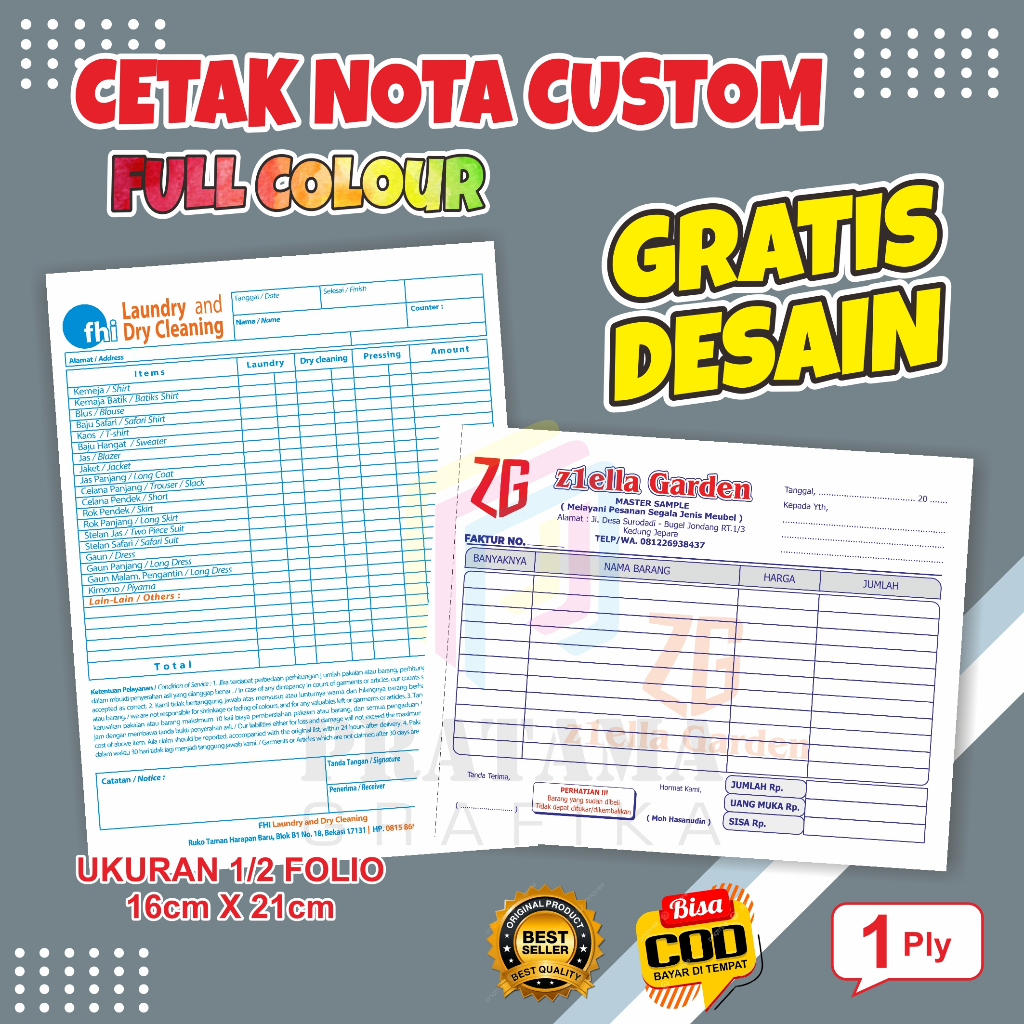 Jual cetak nota custom 1 ply nama usaha toko sendiri ukuran besar 1/2 ...