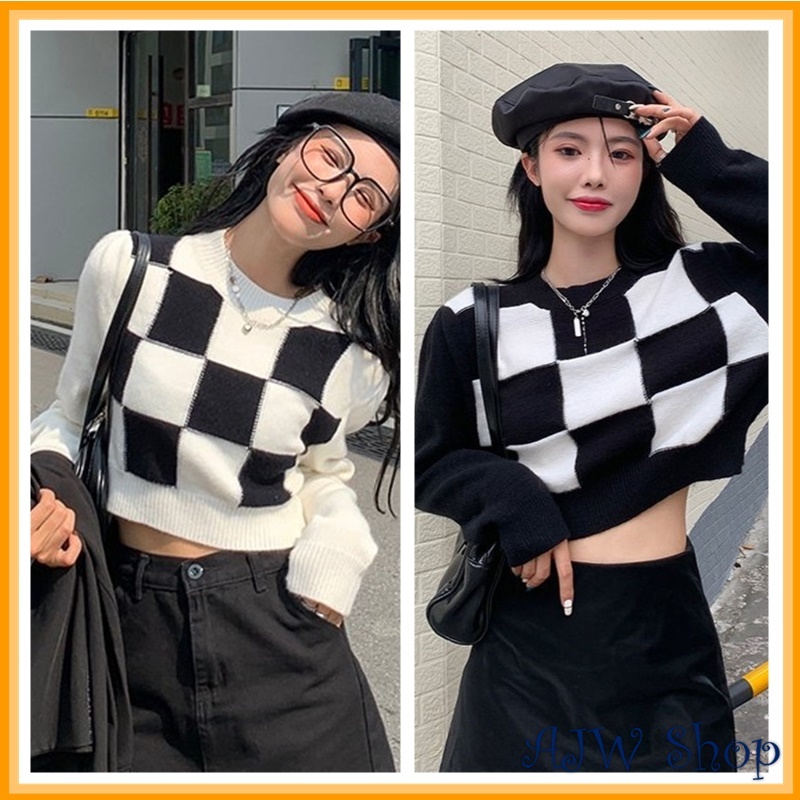 Jual AJW Atasan Wanita Kotak Kotak Kontras Vintage Crop Knit Premium RQC | Sweater Wanita Crop ...