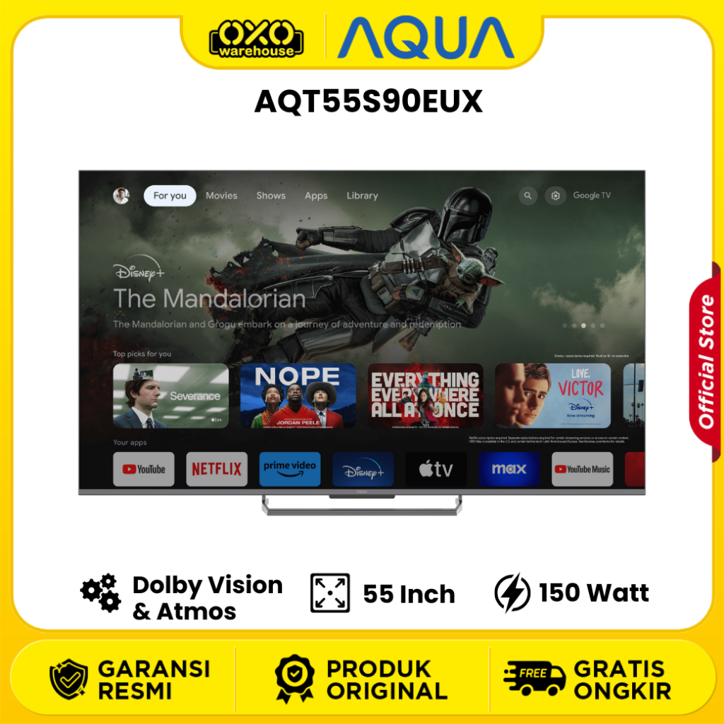 Jual AQUA Google TV AQT55S90EUX 55 Inch 4K HDR Dolby Vision & Atmos Garansi Resmi | Shopee Indonesia
