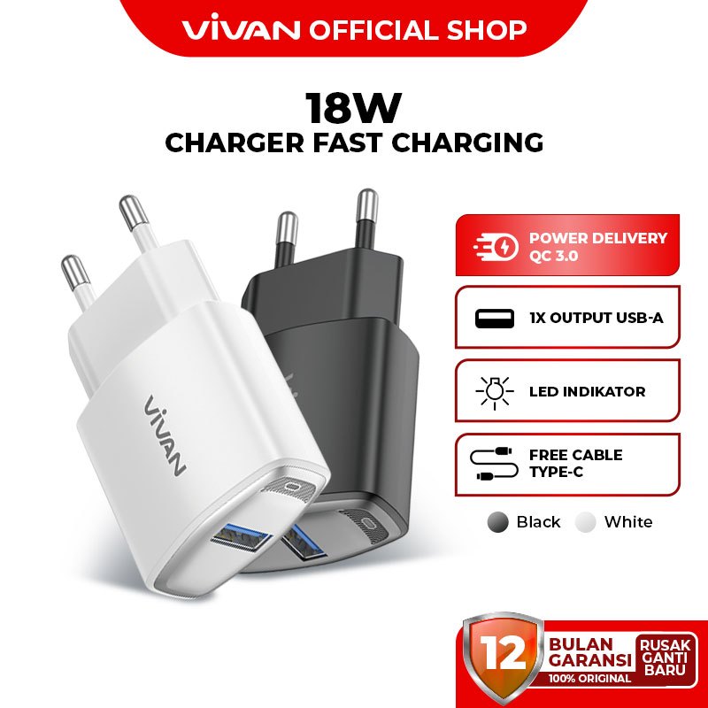 Jual VIVAN Charger 18W Fast Charging 3A Free Type C / Lightning Power ...