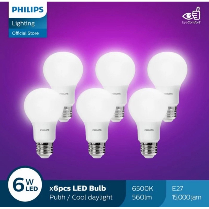 Jual Philips MyCare LED Bulb Bohlam 6W E27 6500K 230V Putih (isi 6pcs) | Shopee Indonesia