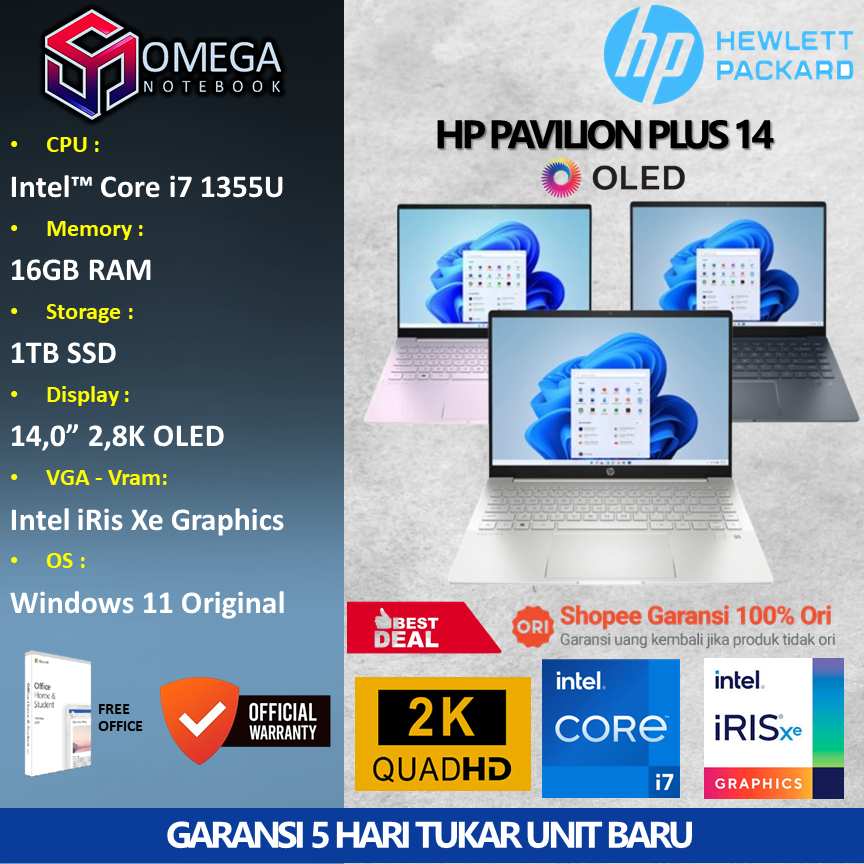 Jual Laptop HP Pavilion Plus 14 OLED i7 1355U 16GB 512GB iRis Xe 14,0 2 ...