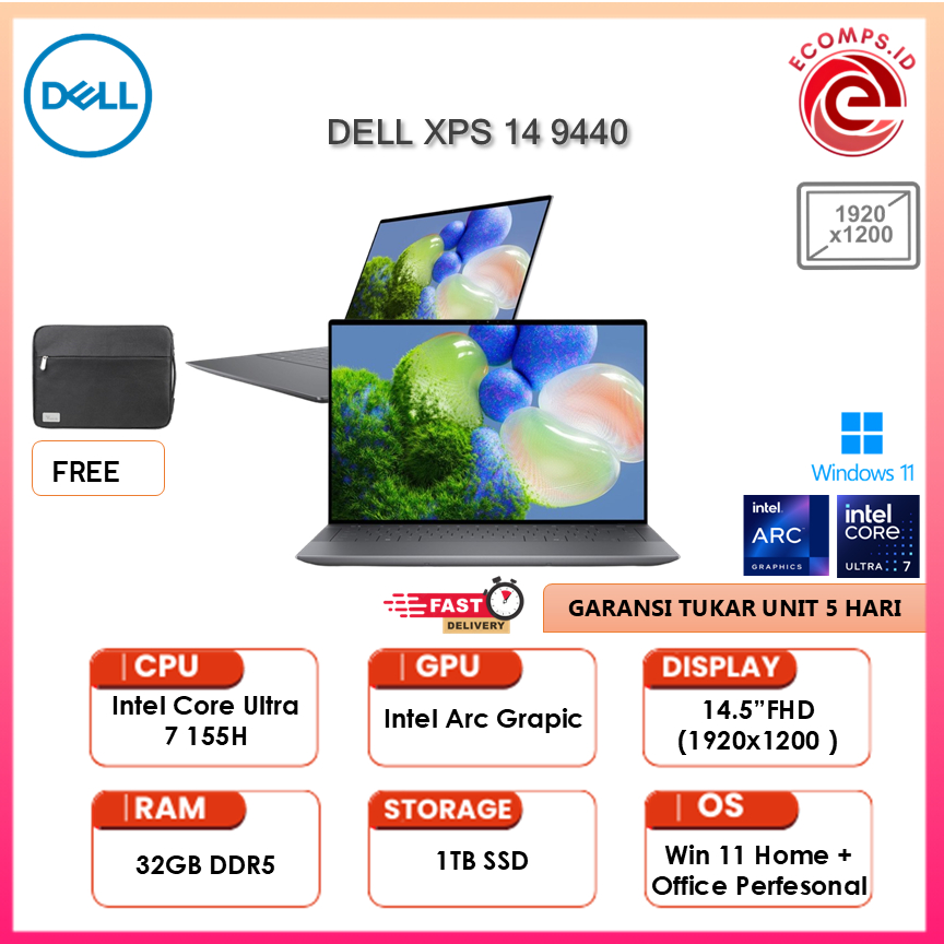Jual Laptop Dell XPS 14 9440 Intel Ultra 7 155H Intel ARC Graphics NPU 32Gb 1Tb W11 14" FHD IPS ...