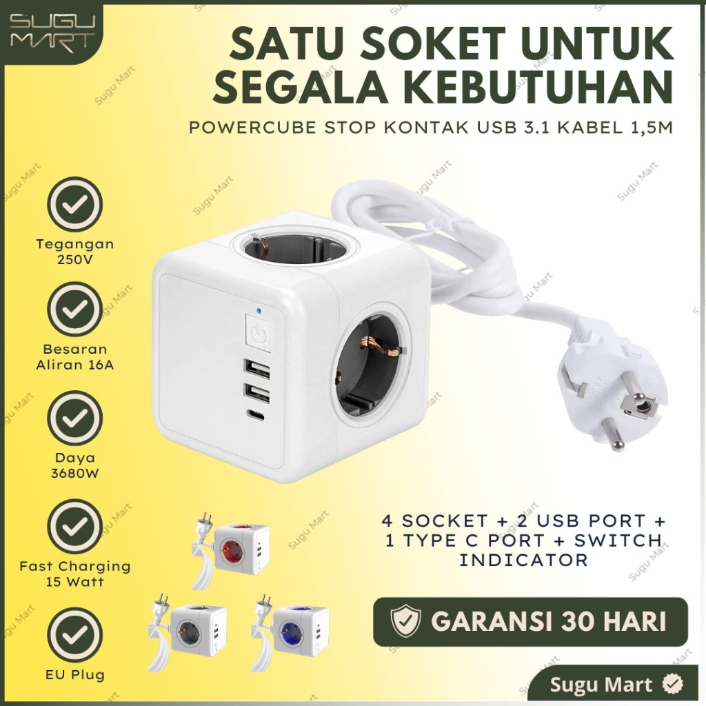 Jual SOCKET POWER CUBE USB 3.1 KABEL 1.5 M | POWERCUBE STOP KONTAK LISTRIK | STOP KONTAL COLOKAN ...