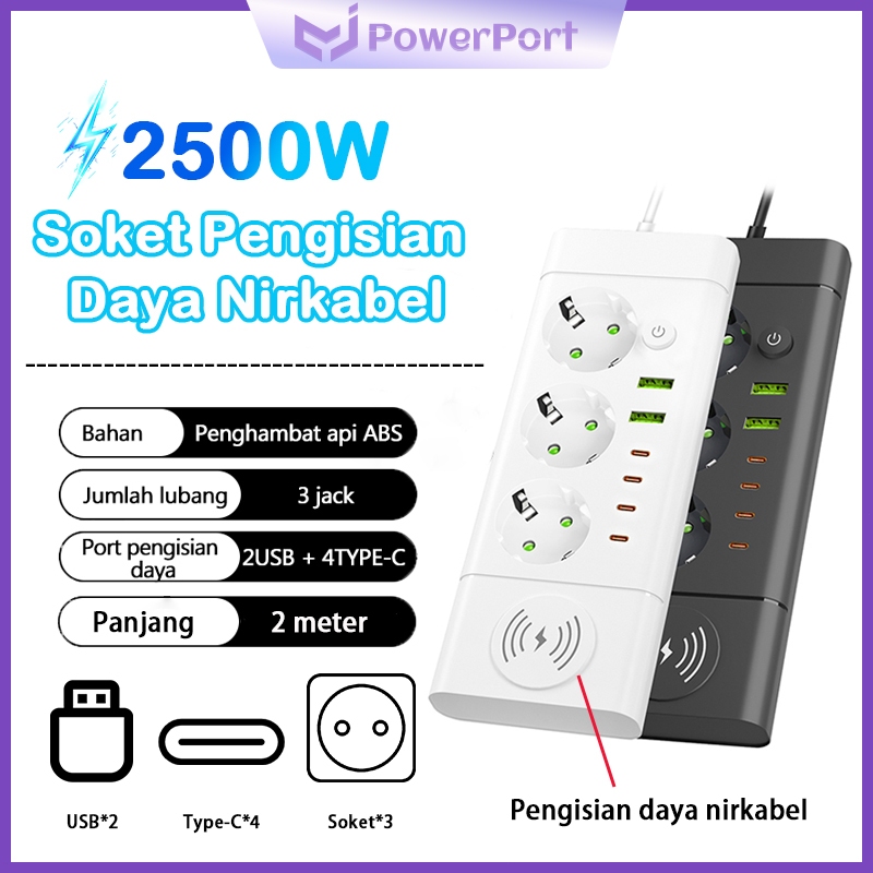 Jual Powerport 2500W Power Strip Power Socket USB Charger Soket pengisian daya nirkabel 2 meter ...
