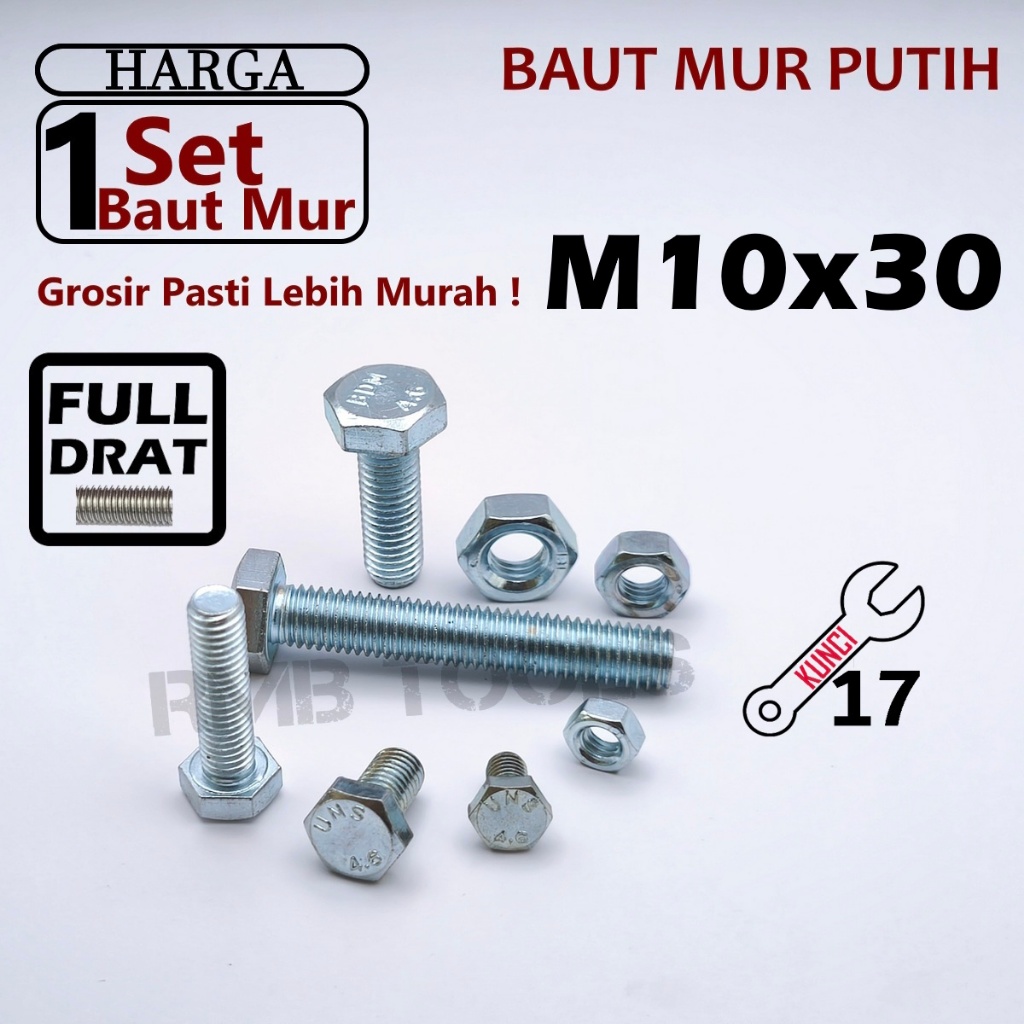 Jual M10x30 Baut Mur Besi Putih BMP Kunci 17 Pitch 1.50 M10 / BMP M10 x 30 Grade 4.6 Baut 17 ...