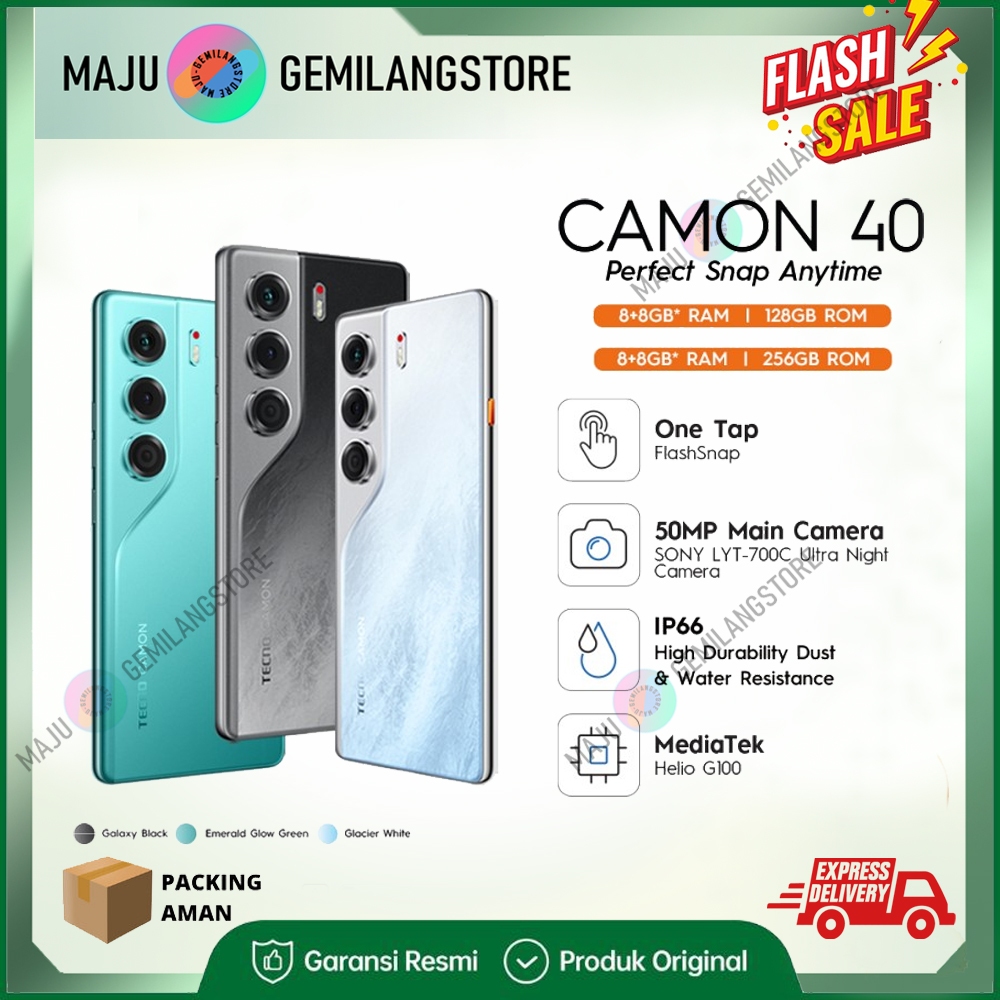 Jual TECNO CAMON 40 - RAM 8+8GB* /128GB & 256GB One Tap FlashSnap, 50MP Sony LYT 700C + 8MP ...