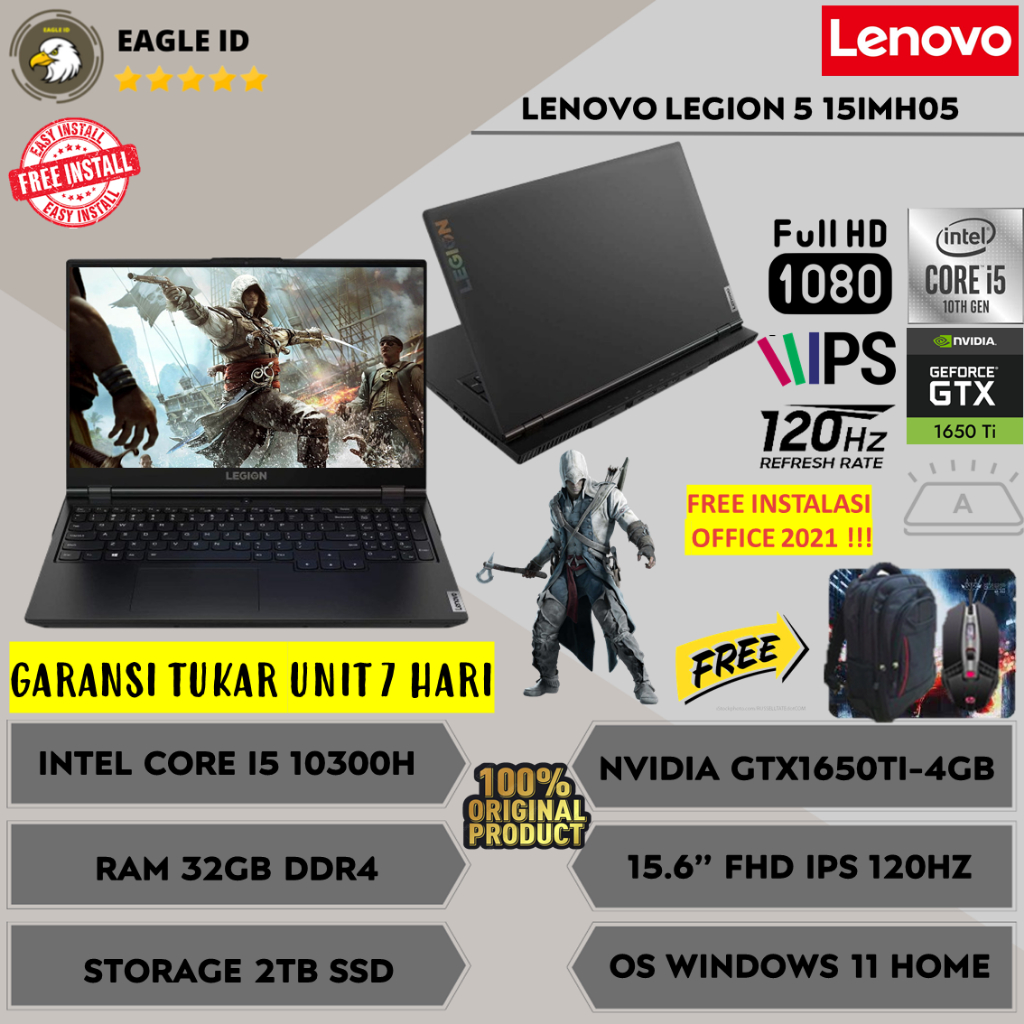 Jual Laptop Gaming Lenovo Legion 5 15IMH05 Intel i5 10300H RAM 32GB SSD 2TB Nvidia GTX 1650TI ...