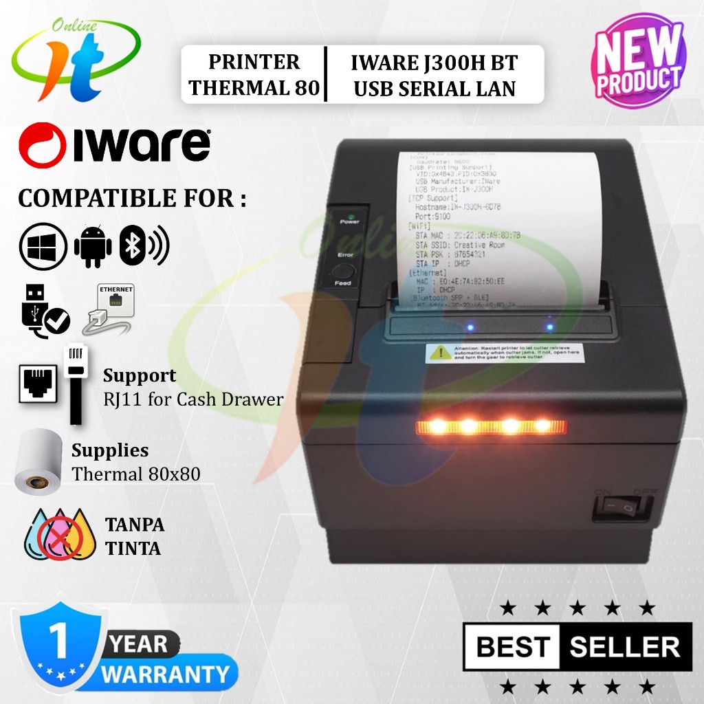 Jual Iware J300H Printer Thermal Bluetooth 80mm Auto Cutter USB Serial ...