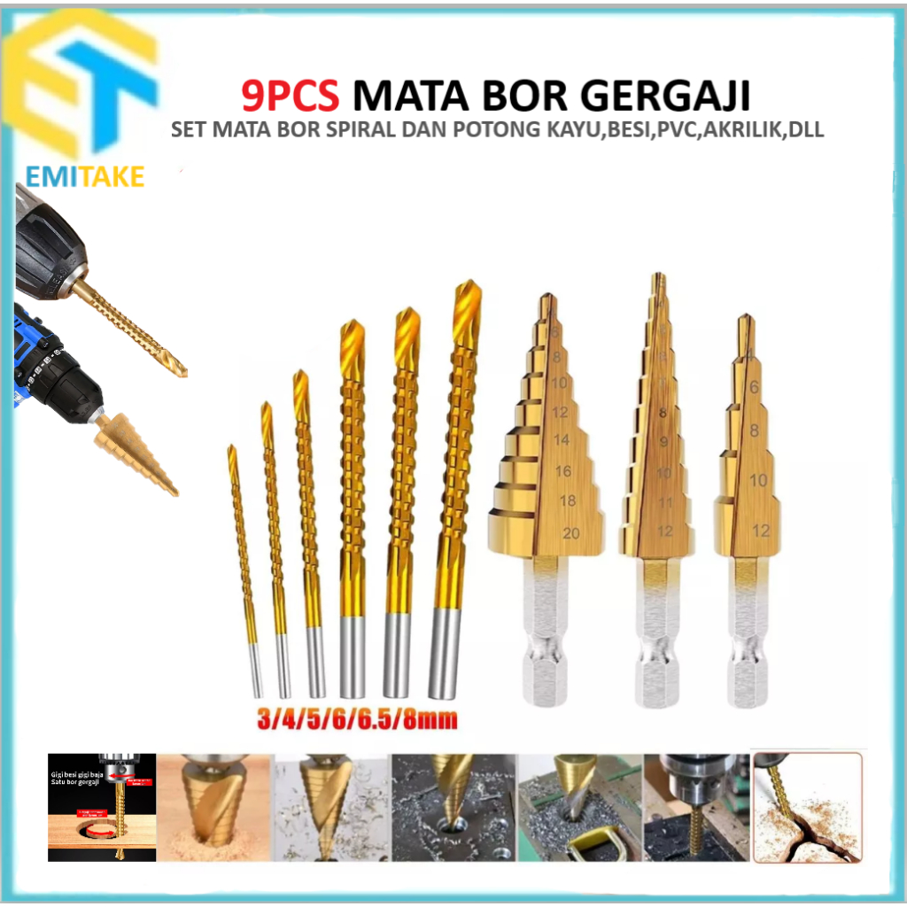 Jual 9PCS Mata Bor Spiral Pagoda Untuk Baja HSS Steel Titanium Coated ...