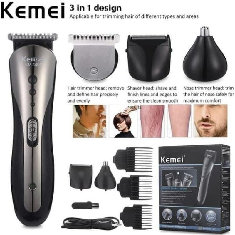 Jual Mesin Cukur Kemei KM-1407 Clipper 3 in1 Alat cukur rambut charge | Shopee Indonesia