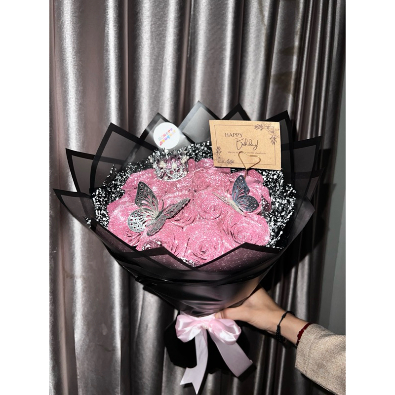 Jual Bunga Buket Pita Satin Premium Full Glitter 15 Tangkai Pink Mauve ...