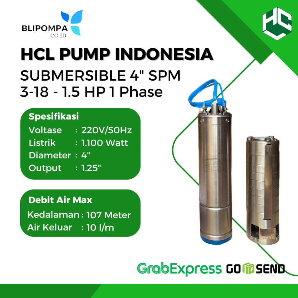 Jual HCL PUMP SUBMERSIBLE 4” SPM3-18 1.5 HP / 1 PHASE - pompa air ...