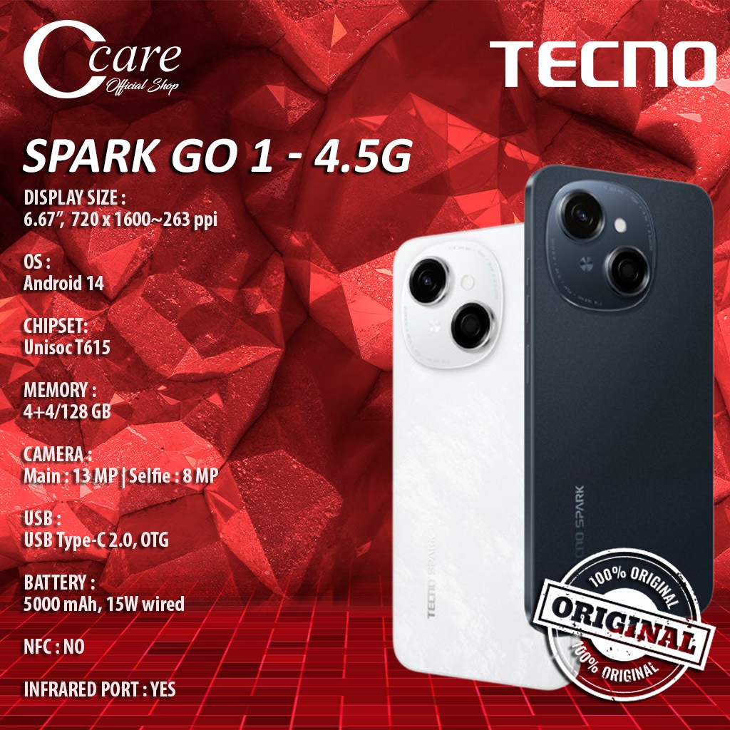 Jual TECNO SPARK Go 1 – 4+4GB*+128GB, 120Hz Display, T615+4.5G Network, 5000mAh+15W, IP54 ...