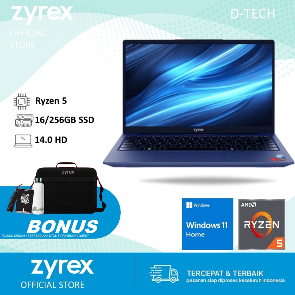Jual LAPTOP ZYREX D- TECH AMD Ryzen 5 16GB 256GB W11 14.0 HD 2YR BLUE | Shopee Indonesia