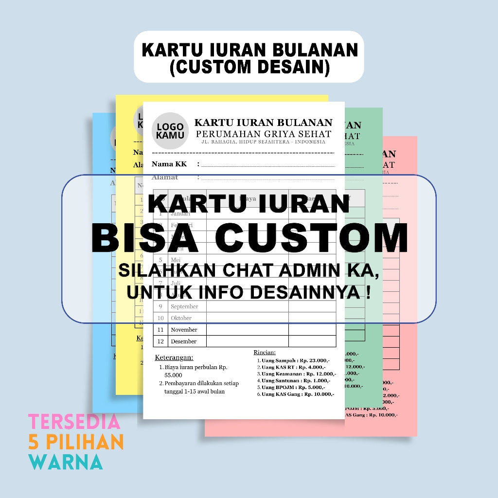 Jual (ISI 20 LEMBAR) KARTU IURAN BULANAN CUSTOM / KARTU IURAN WARGA ...