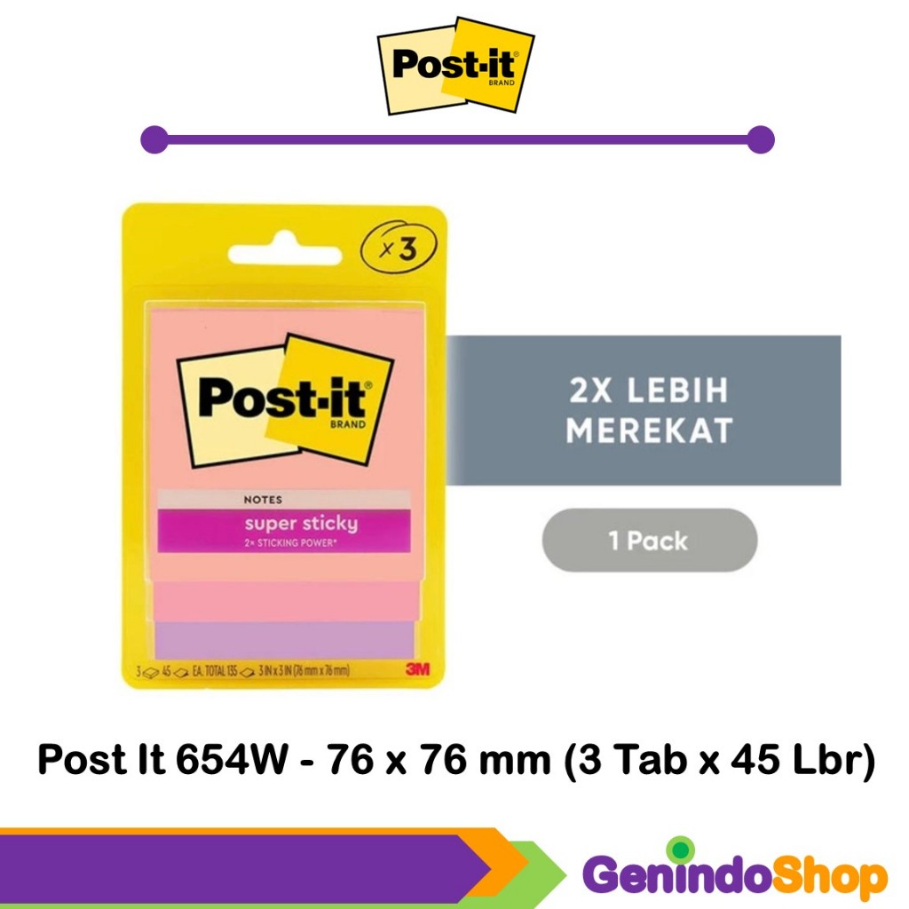 Jual 3M - POST IT 654 Warna 76x76mm (3 Warna x 45 Lembar) | Shopee Indonesia