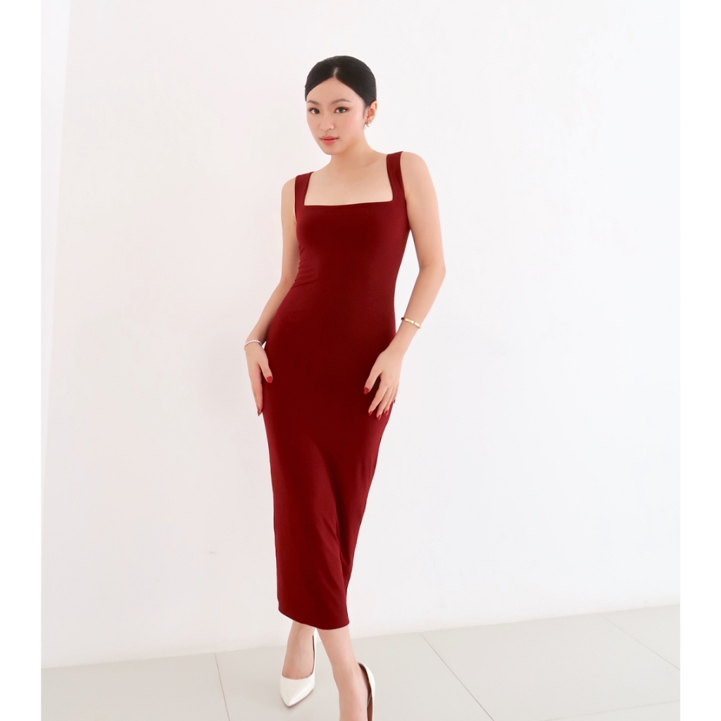 Jual NZINGA Hyunjo | Midi Dress Wanita Maroon – Slim Fit Bodycon Casual | Ukuran S - XXL ...