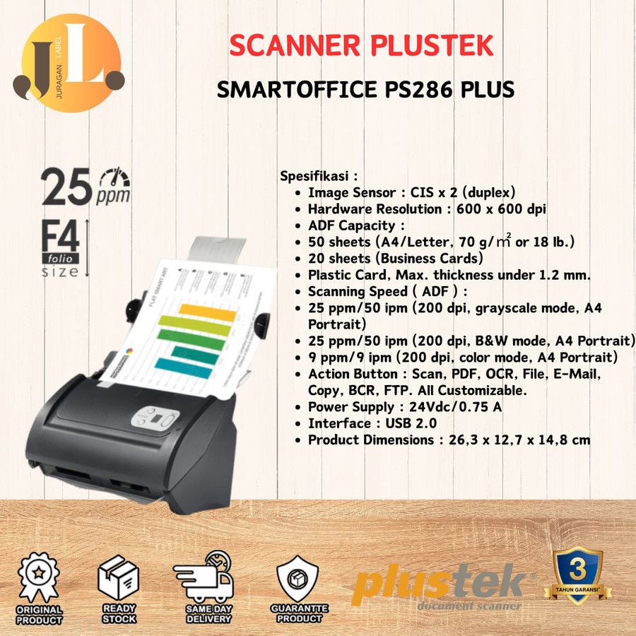 Jual Scanner Plustek SmartOffice PS286 Plus - 25 Lembar/menit (F4/Folio) | Shopee Indonesia